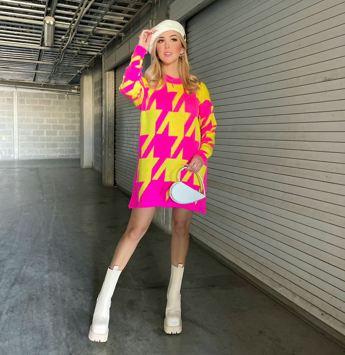 VESTIDO SUÉTER PATA DE GALLO FOSFO – Hollywear
