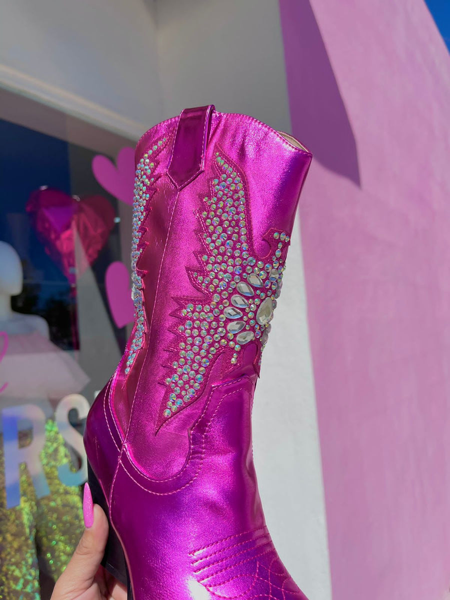 BOTA VAQUERA ROSA METÁLICA CON CRISTALES – Hollywear
